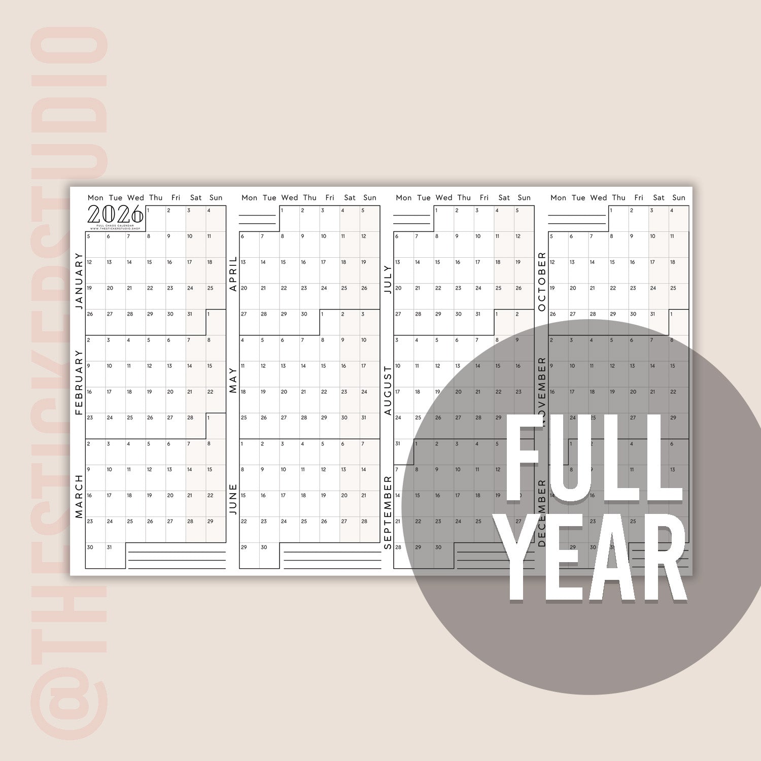 2026 Chaos Calendar • FULL CHAOS – The Sticker Studio LLC